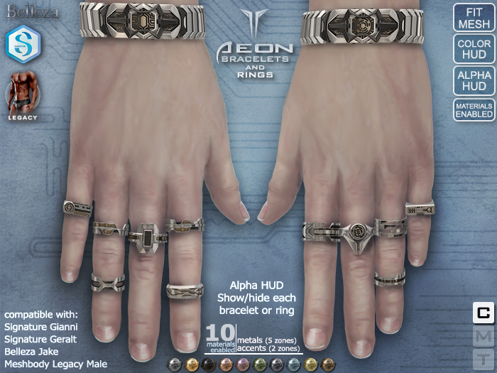 Second Life Marketplace - **RE** Aeon Bracelets & Rings - Singature - Belleza - Meshbody - Men Only
